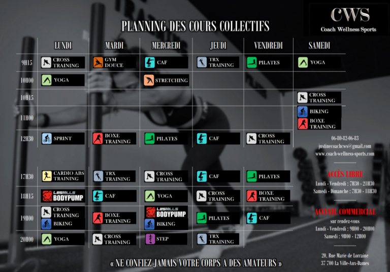 Les plannings - Coach Wellness Sports - Salle de sport Premium à Tours